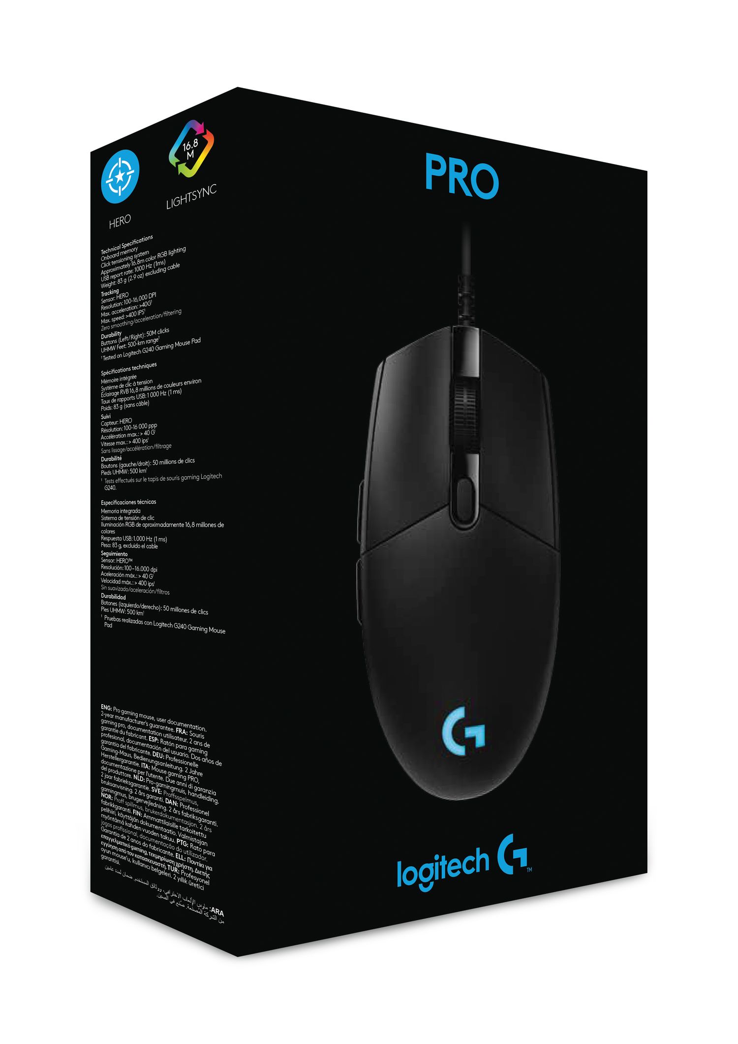 Logitech PRO HERO mice USB Optical 16000 DPI Right-hand, 910-005441
